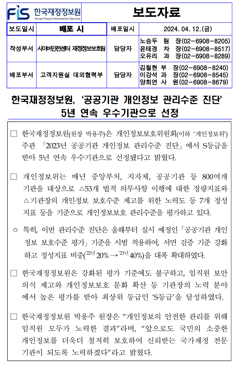 보도자료 - 한국재정정보원, '공공기관 개인정보 관리수준 진단' 5년 연속 우수기관으로 선정 상세화면 | 한국재정정보원 > 알림 ...